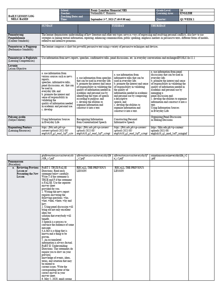 Grade 10 English Lesson Plan | PDF | Information | Learning