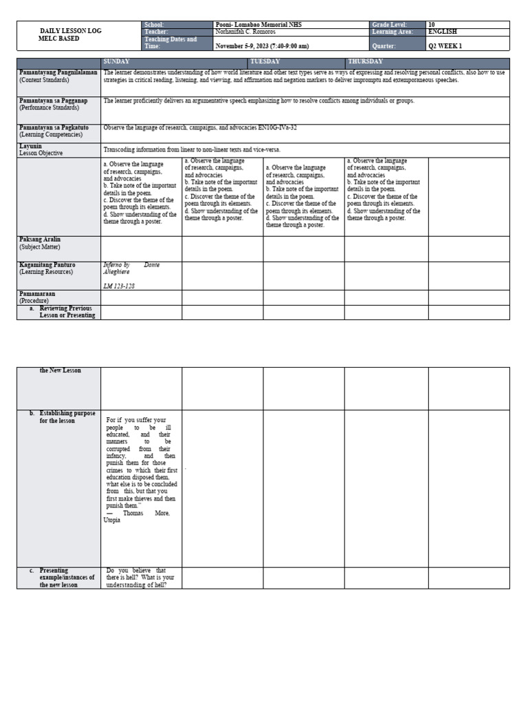 Melc DLL Eng 10 Week 1 Q2 Done | PDF | Divine Comedy | Hell