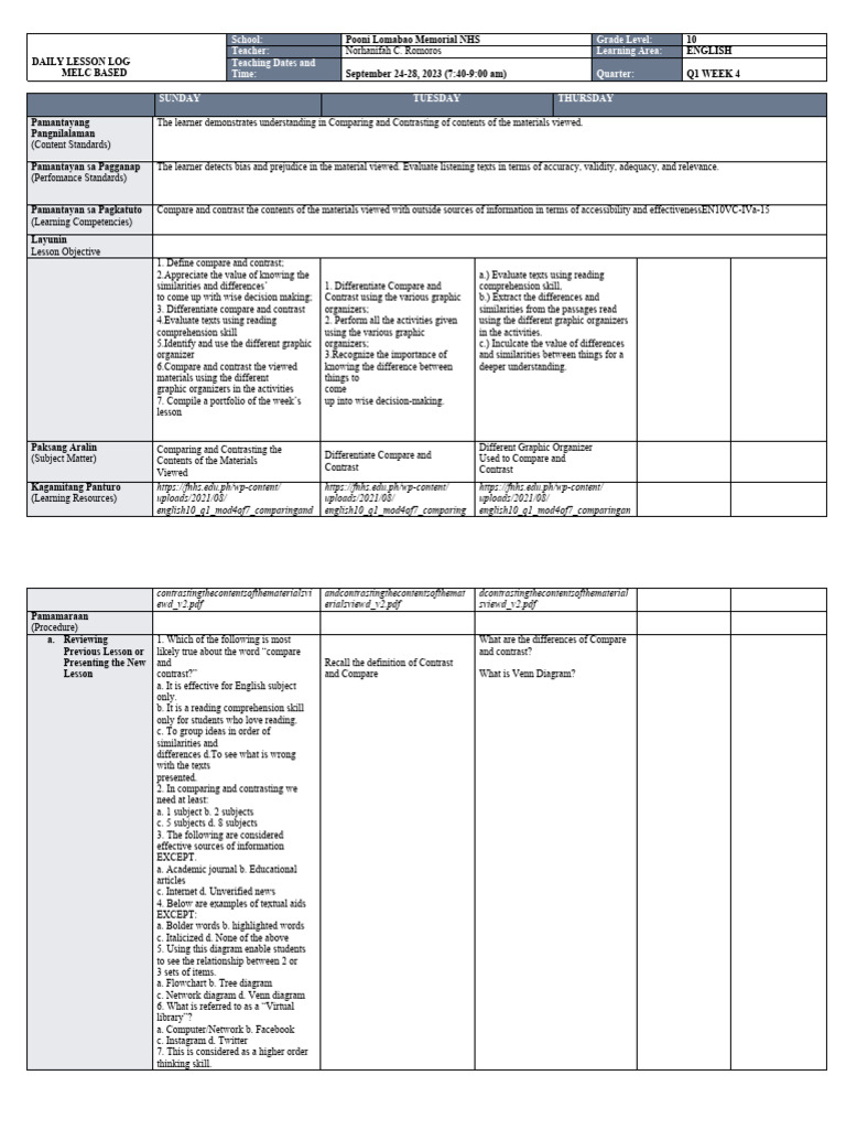 Melc DLL Eng 10 Week 4 Q1 Done | PDF | Reason | Essays