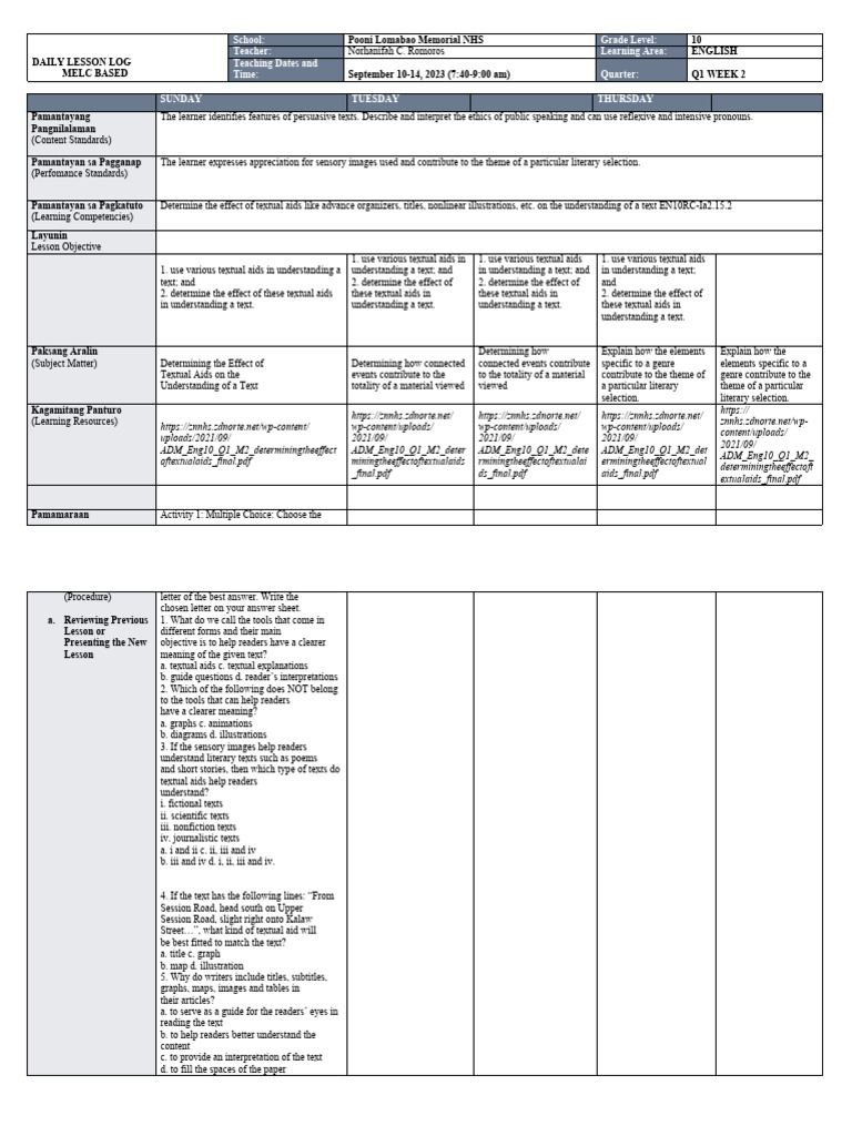 Melc DLL Eng 10 Week 2 Q1 Done | PDF | Map | Data