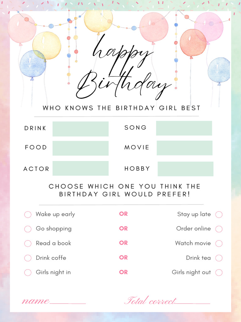Pink Fun Birthday Game Would She Rather Printable A4 Document | PDF