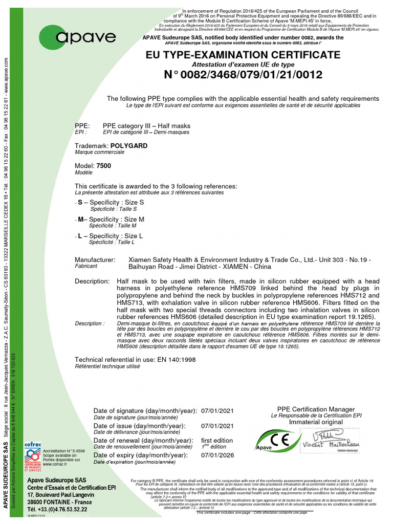 FICHA TECNICA 7500 Half Mask CE Certificate | PDF