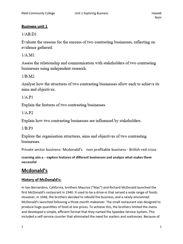 Unit 1 Business Learning Aim A and B | PDF