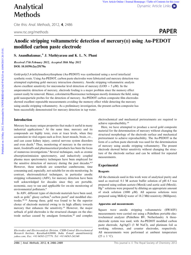 Anodic Stripping Voltammetric Detection of Mercury Using Au-PEDOT Modified Carbon Paste ...
