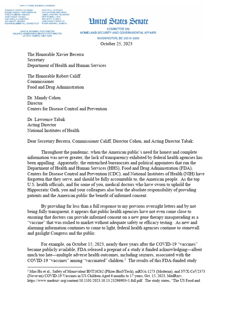Sen Johnson Letter To FDA CDC | PDF | Centers For Disease Control And ...