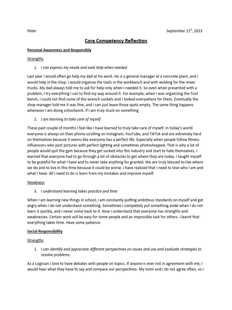 Core Competency Reflection | PDF | Conversation | Thought