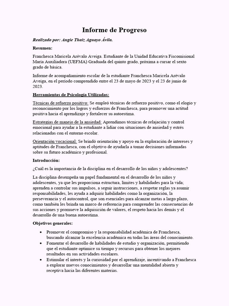 Informe de Progreso Final Franchesca Y Aliyah | PDF | Aprendizaje ...