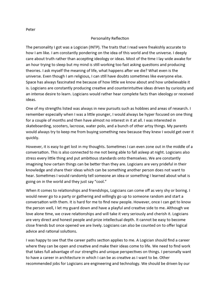 Personality Reflection | PDF | Logic | Thought