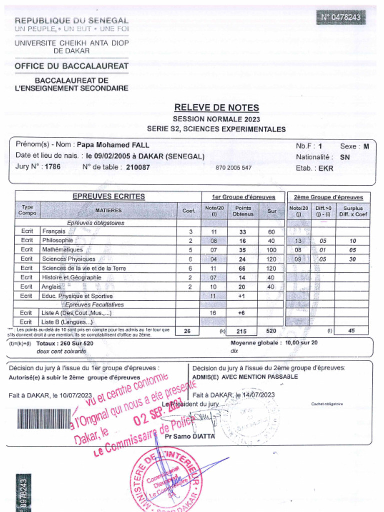 Releve de Notes | PDF