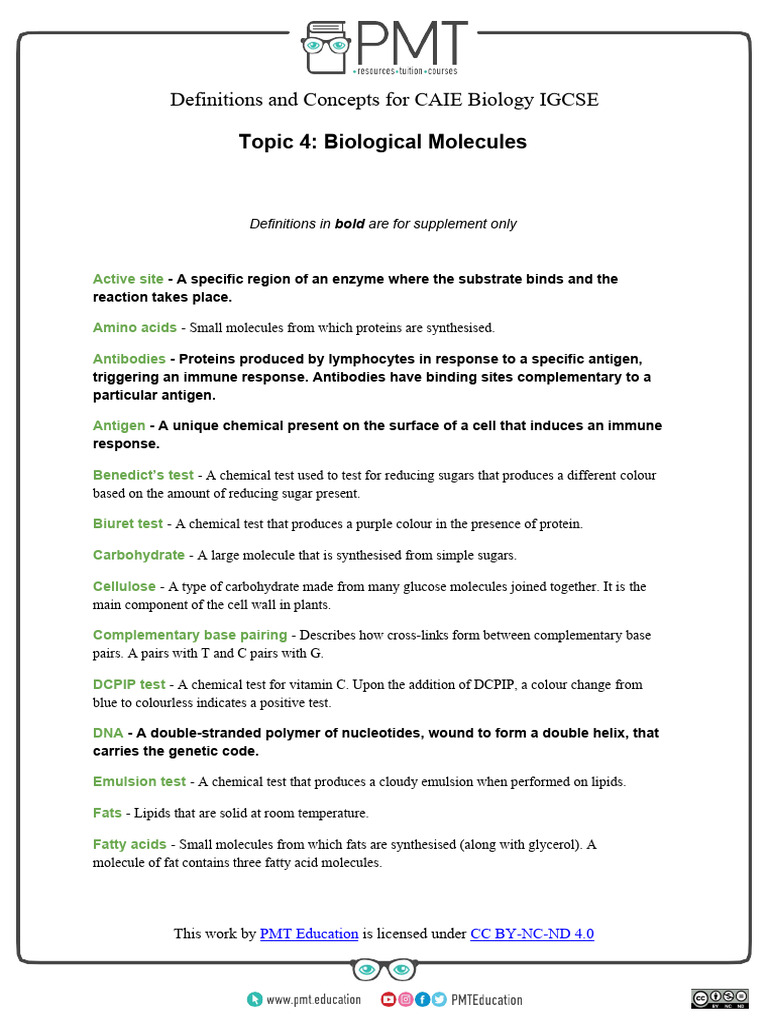 Definitions - Topic 4 Biological Molecules - CAIE Biology IGCSE | PDF