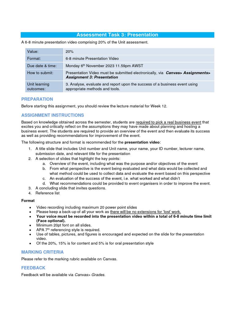 2023 Sem2 Assessment Task 3 - Instruction | PDF