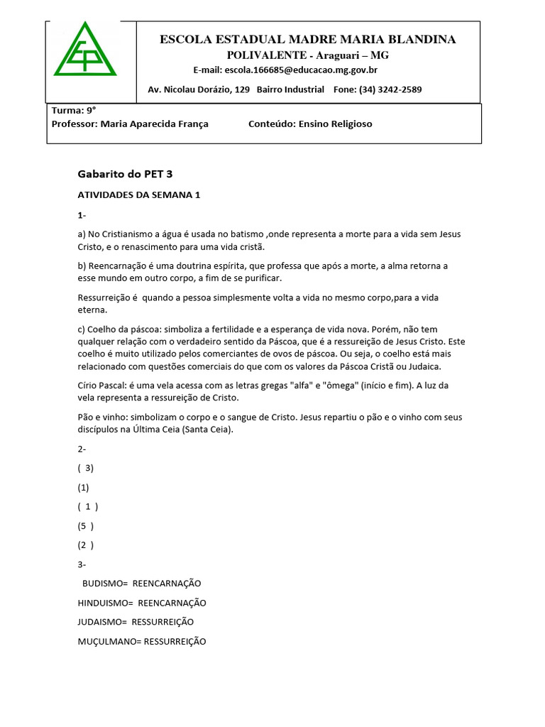 Gabarito Ensino Religioso: PET 3 | PDF | Páscoa | Jesus