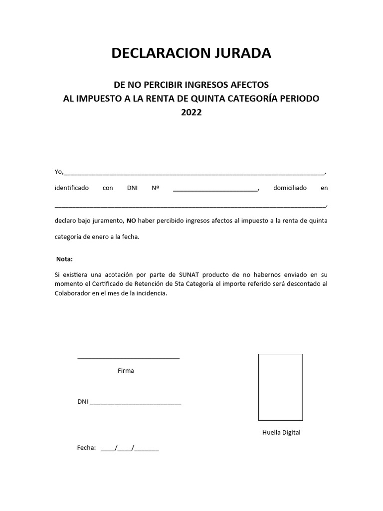 Anexo 4 - Declaracion Jurada de No Percibir Ingresos Afectos A La 5ta Categoria | PDF