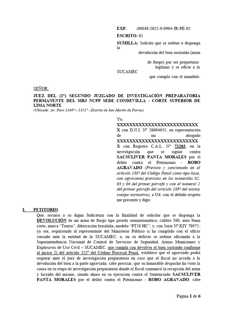 Escrito 01 - Devolución de Arma de Fuego | PDF Escrito 01 - Devolución de Arma de Fuego | PDF