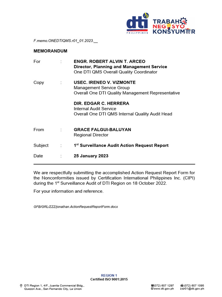 Memo - Action Request Report | PDF