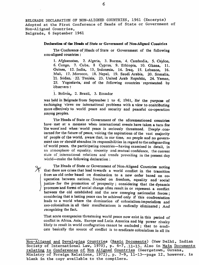 01st Summit of The Non-Aligned Movement - Final Document (Belgrade - Declaration) | PDF