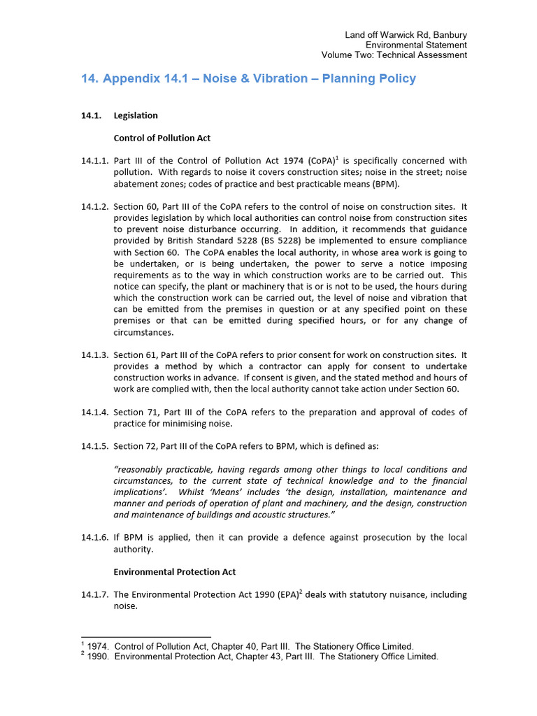 Appendix 14.1 - Noise & Vibration - Planning Policy: 14.1. Legislation Control of Pollution Act ...