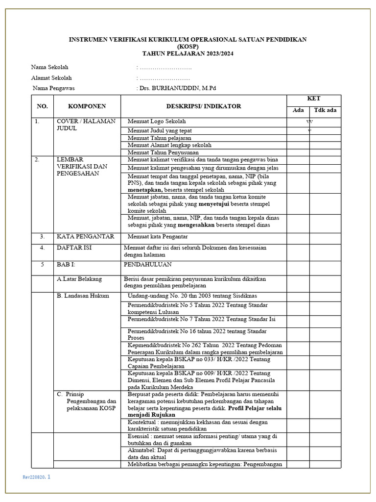 Instrumen Verifikasi Kosp 2023 | PDF