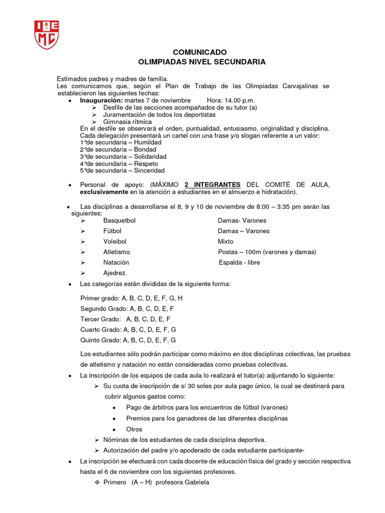 Comunicado Olimpiadas 2023 | PDF