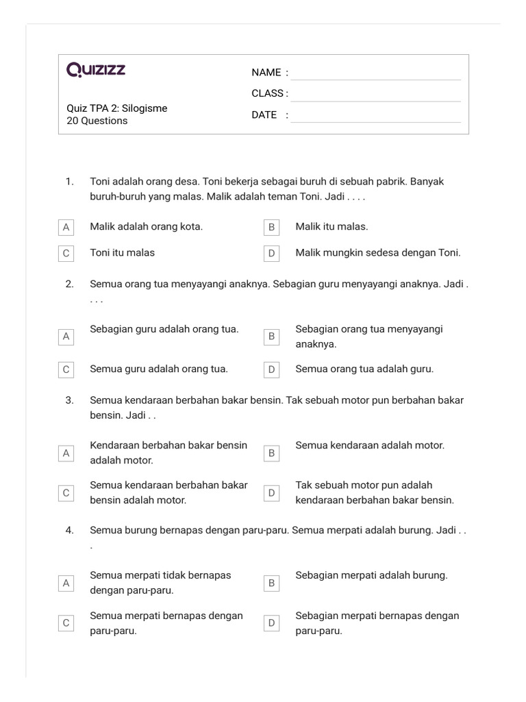 Quiz TPA 2 - Silogisme | PDF