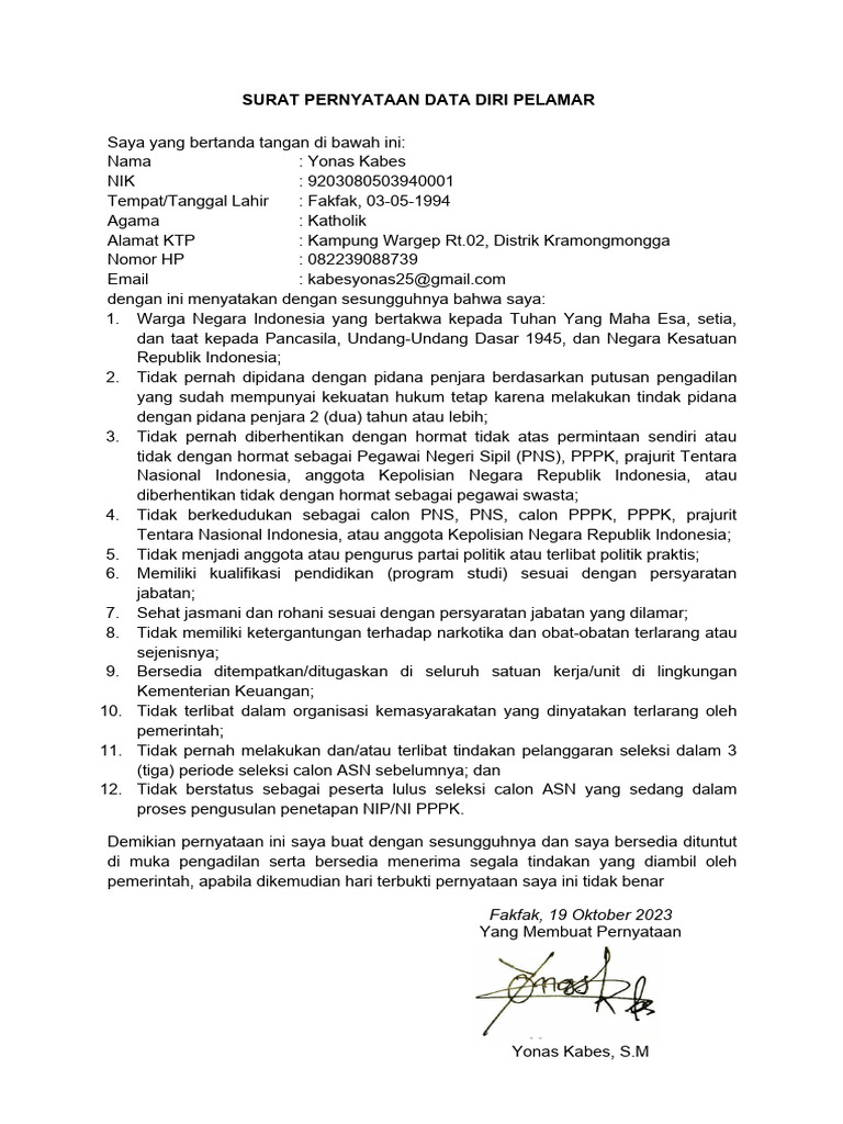 Format Surat Pernyataan PPPK Teknis Kemenkeu 2023 | PDF