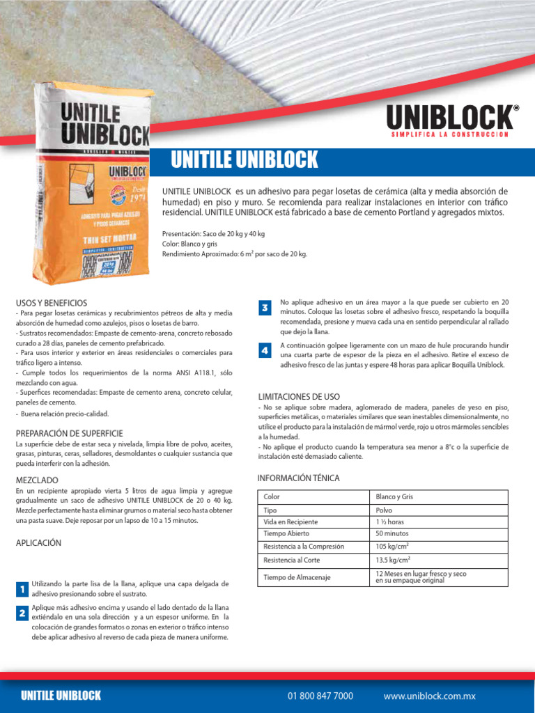 Adhesivo UNITILE UNIBLOCK para Losetas | PDF