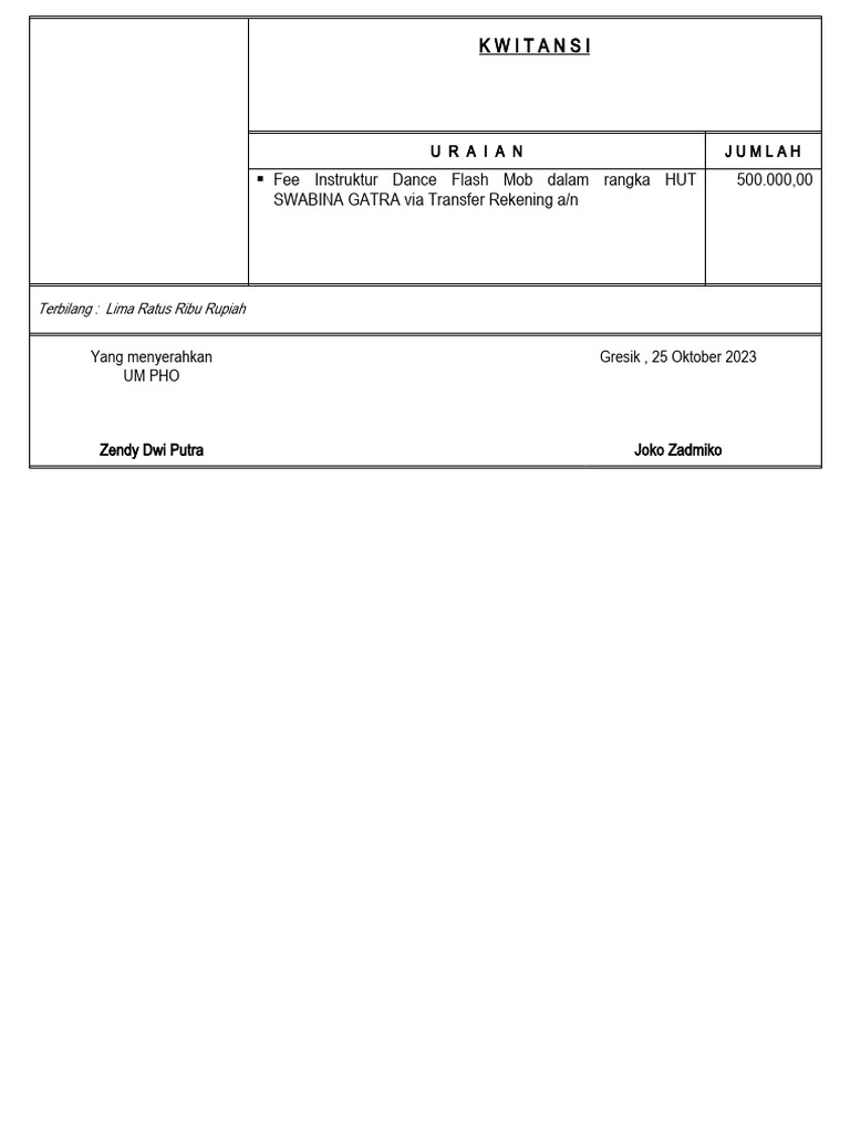 Kwitansi Instruktur Flash Mob HUT SWABINA GATRA | PDF