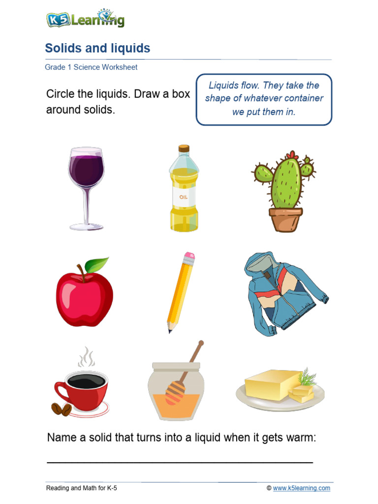 Solids and Liquids Worksheet for Grade 1 | PDF