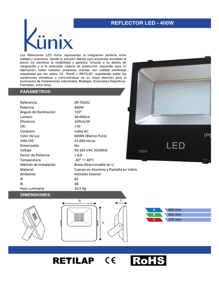 Ficha Técnica - Reflector LED Kunix - 400W | PDF