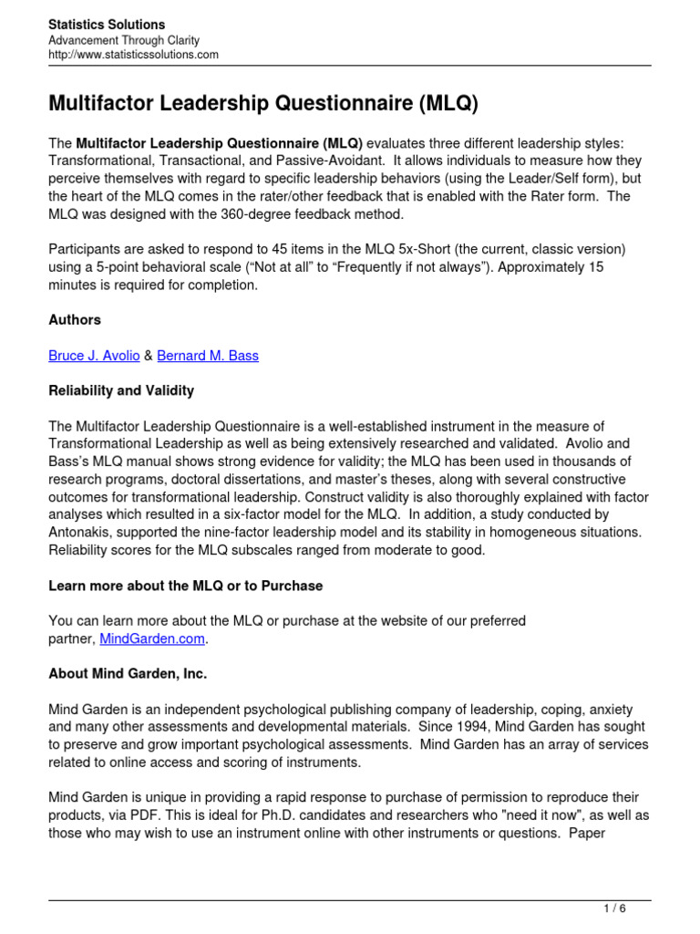 Multifactor Leadership Questionnaire MLQ | PDF
