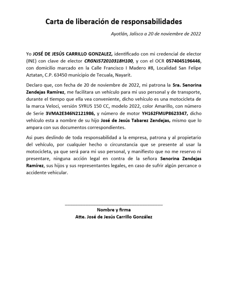 Carta de Liberación de Responsabilidades MOTO | PDF
