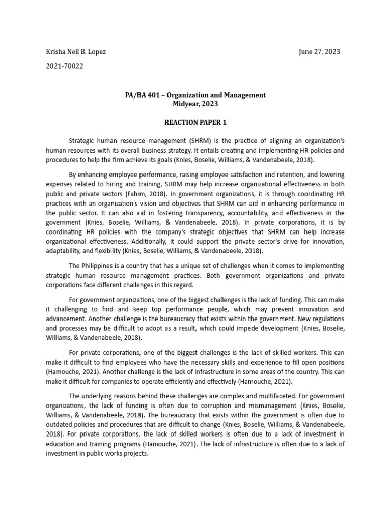 Reaction Paper 1 Output | PDF | Human Resources | Human Resource Management