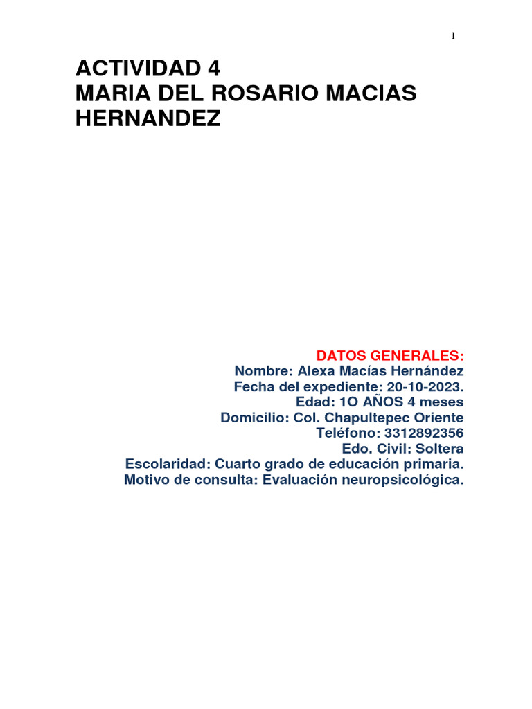 Evaluación Neuropsicológica de Alexa Macías | PDF | Aprendizaje | Las ...