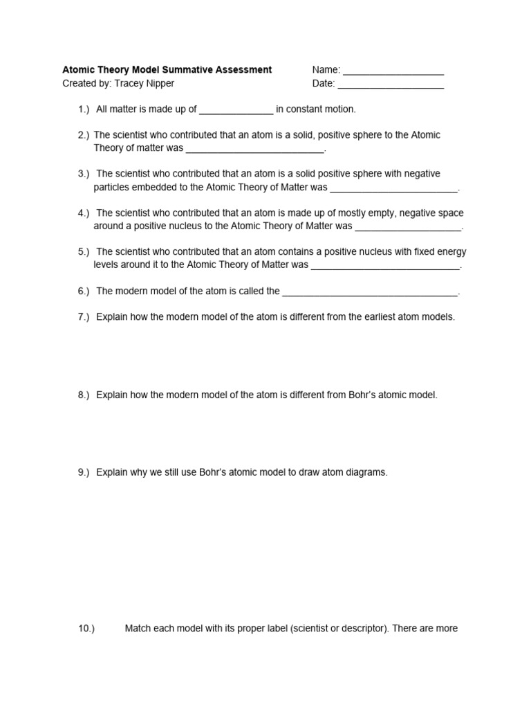 Atomic Theory Model Summative Assessment 2sXFJTi | PDF