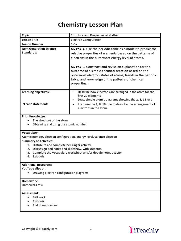 1 6a Lesson Plan Electron Configuration Pdf