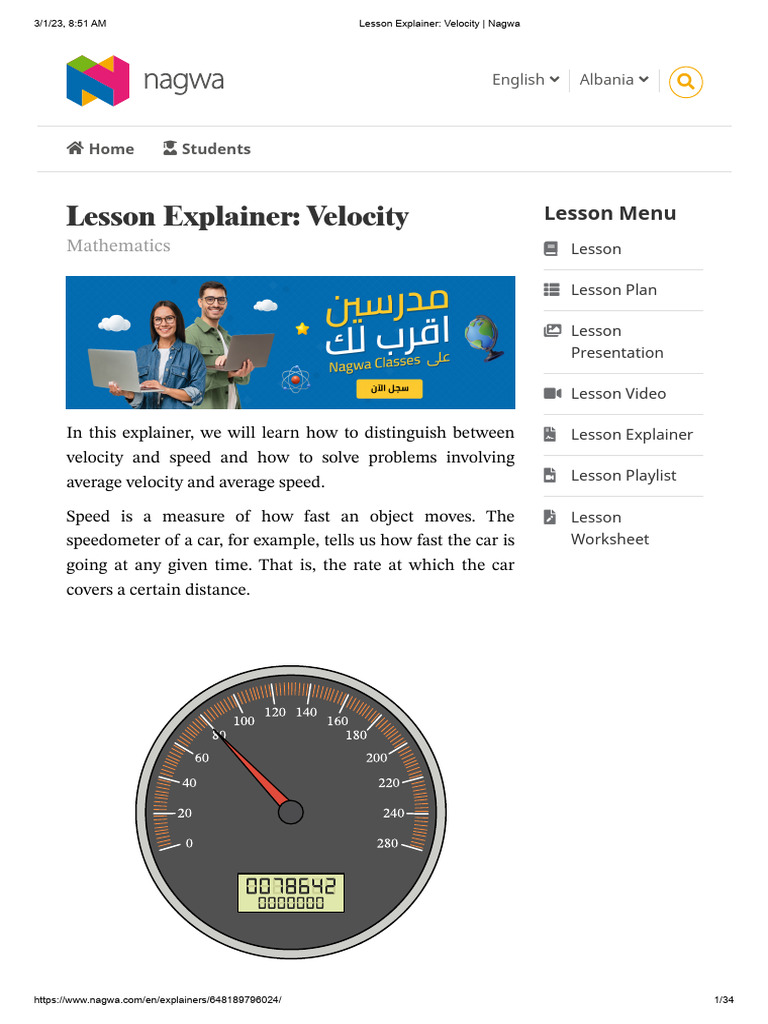 Lesson Explainer - Velocity - Nagwa | PDF | Velocity | Speed