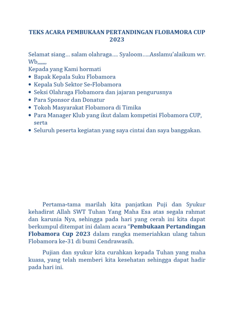 Teks Pembukaan Flobamora Cup 2023 | PDF | Kajian Bahasa Asing