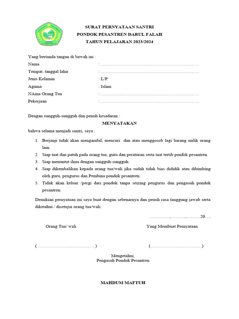 Surat Pernyataan Santri Darul Falah | PDF