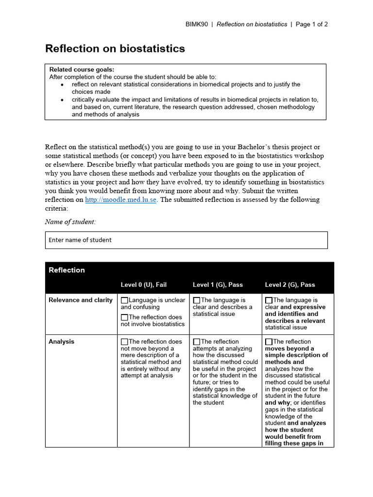 Assessment Criteria - Reflection On Biostatistics - BIMK90 | PDF | Biostatistics | Knowledge