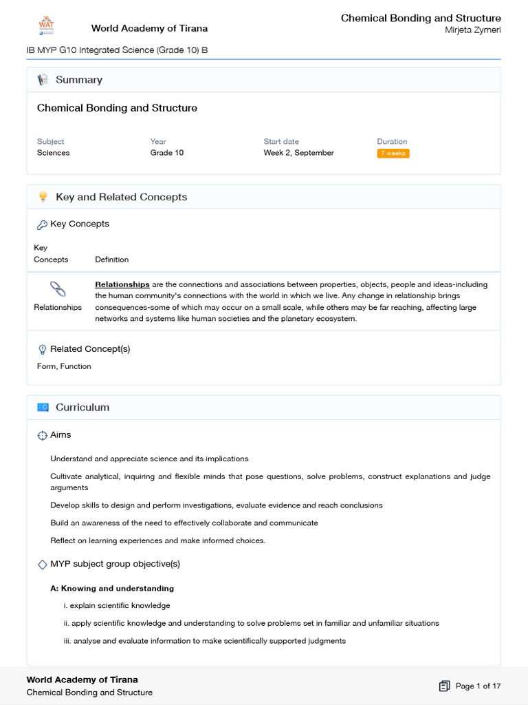 Chemical Bonding and Structure UNIT PLAN ON MANAGBACK | PDF | Chemical ...
