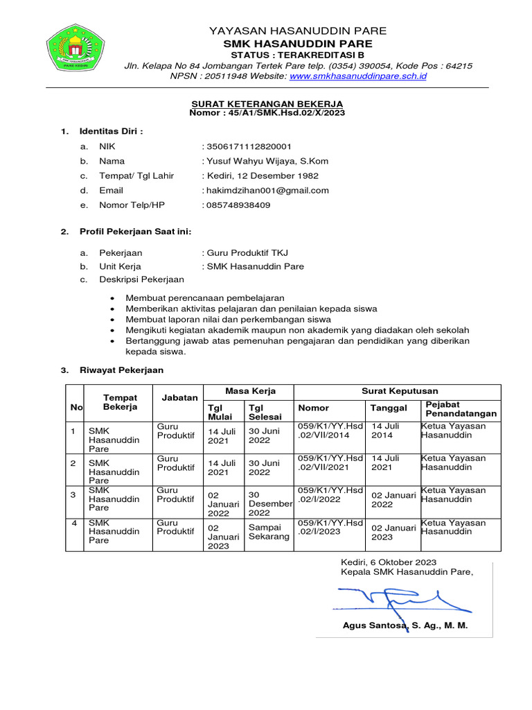 Surat Keterangan Bekerja Di SMK Hasanuddin Pare YUSUF | PDF