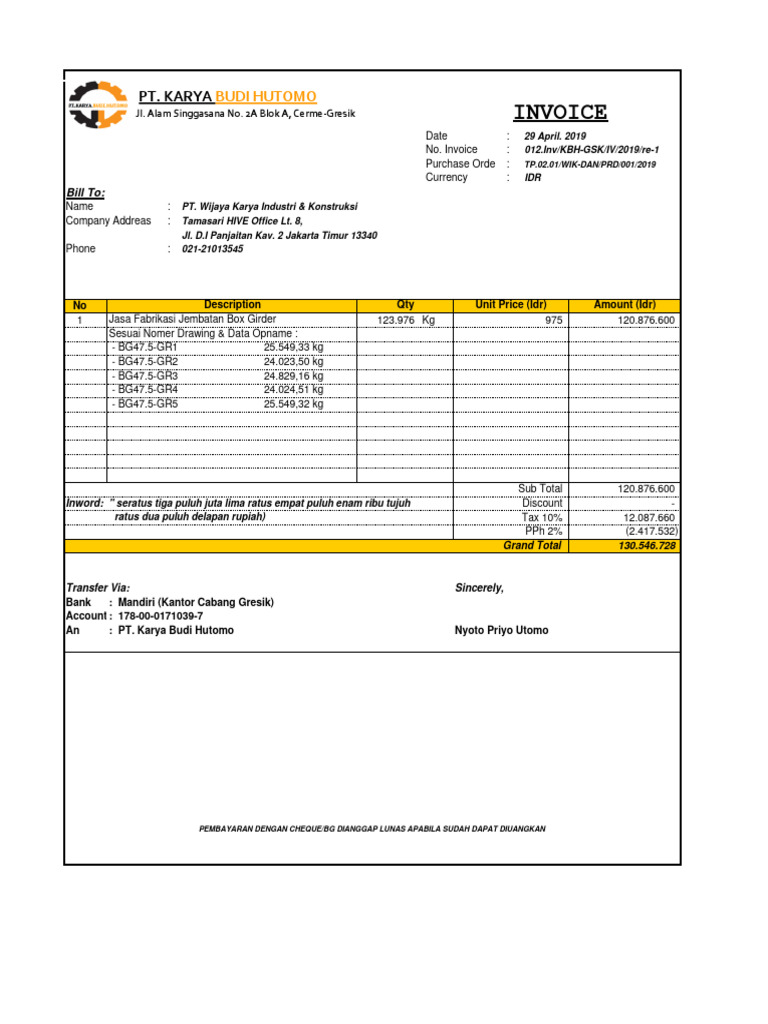 INVOICE 012 PT WIJAYA Box Grider 1 | PDF