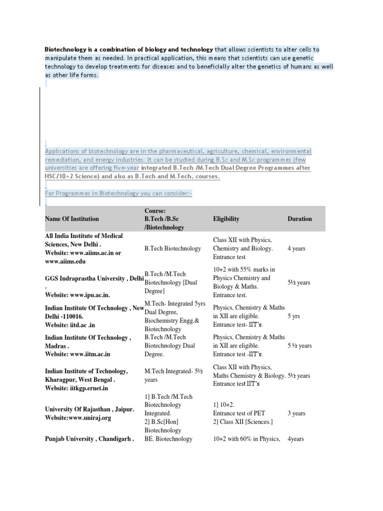 B.Sc Biotechnology Programs in India | PDF | Biotechnology | Biology