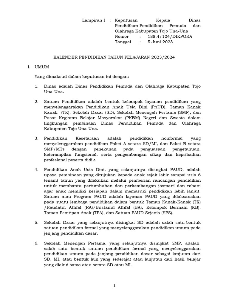 Lampiran I Kalender Pendidikan 2023-2024 | PDF