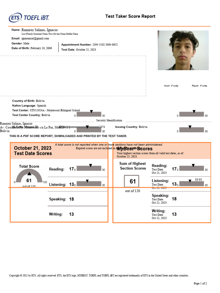 Test Taker Score Report: Ramirez Salinas, Ignacio | PDF | Test Of ...