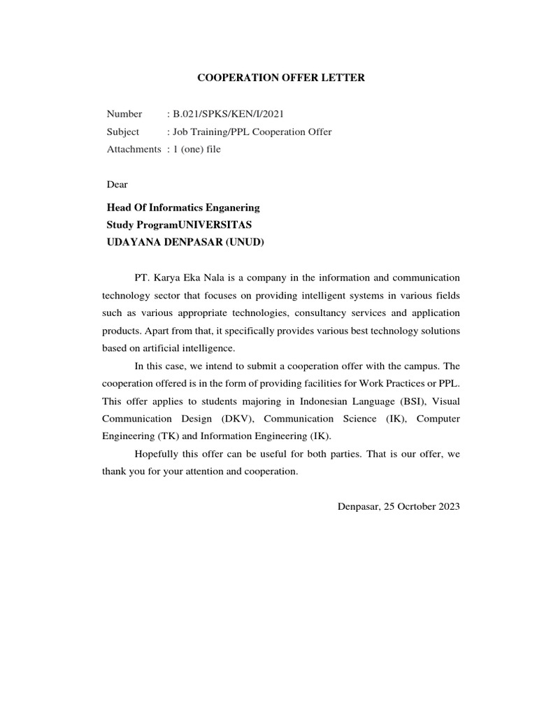 Job Training Cooperation Offer Letter | PDF