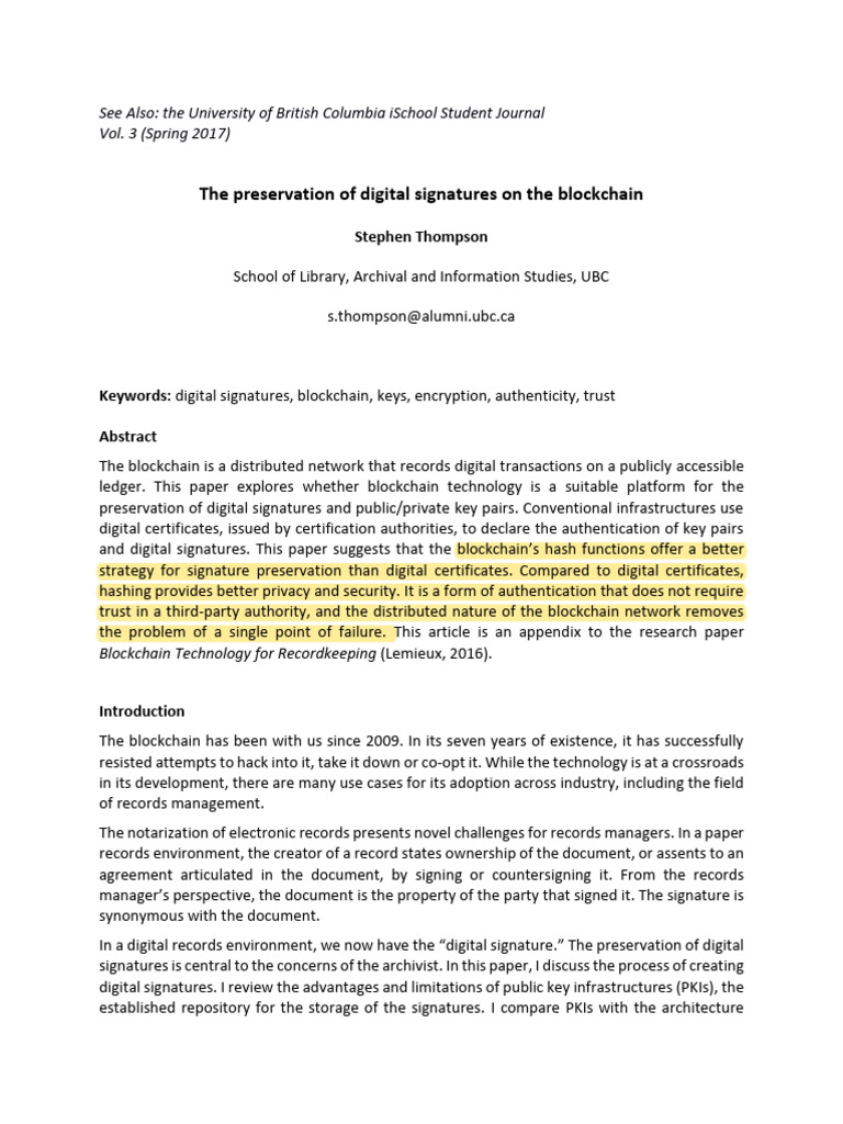 The Preservation of Digital Signatures On The Blockchain | PDF | Public Key Cryptography | Key ...