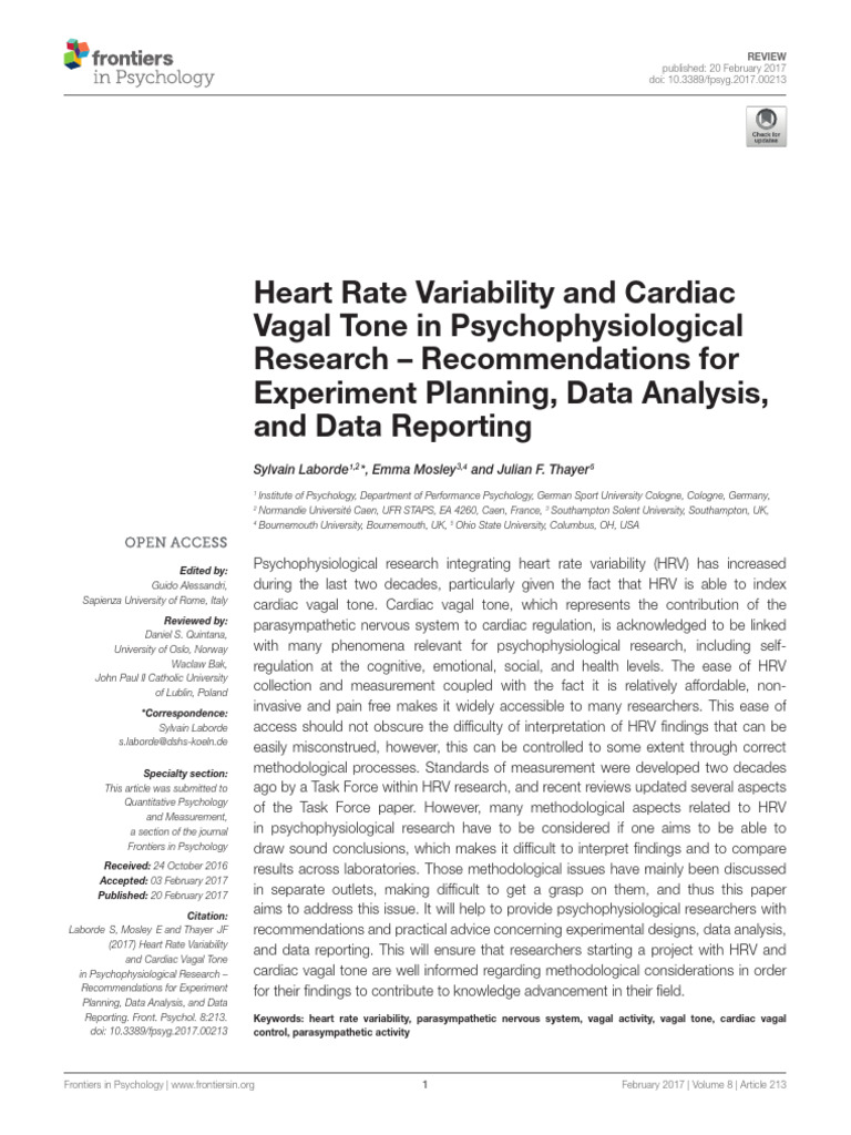 Heart Rate Variability and Cardiac Vagal Tone in Psychophysiological Research - Recommendations ...