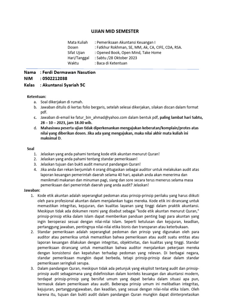 Ujian Mid Semester Audit 1 Oktober 2023 Ferdi | PDF