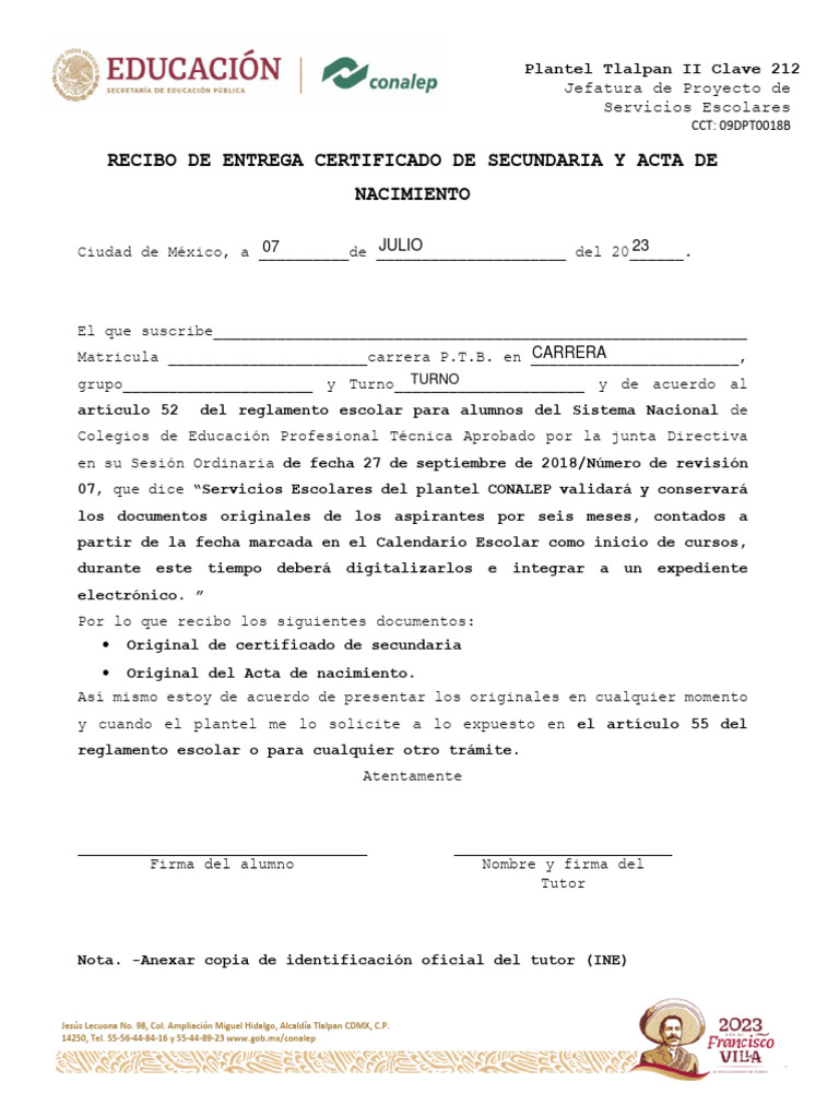 Formato Entrega de Documentos Originales Cert Sec y Act Nac A Alumnos | PDF